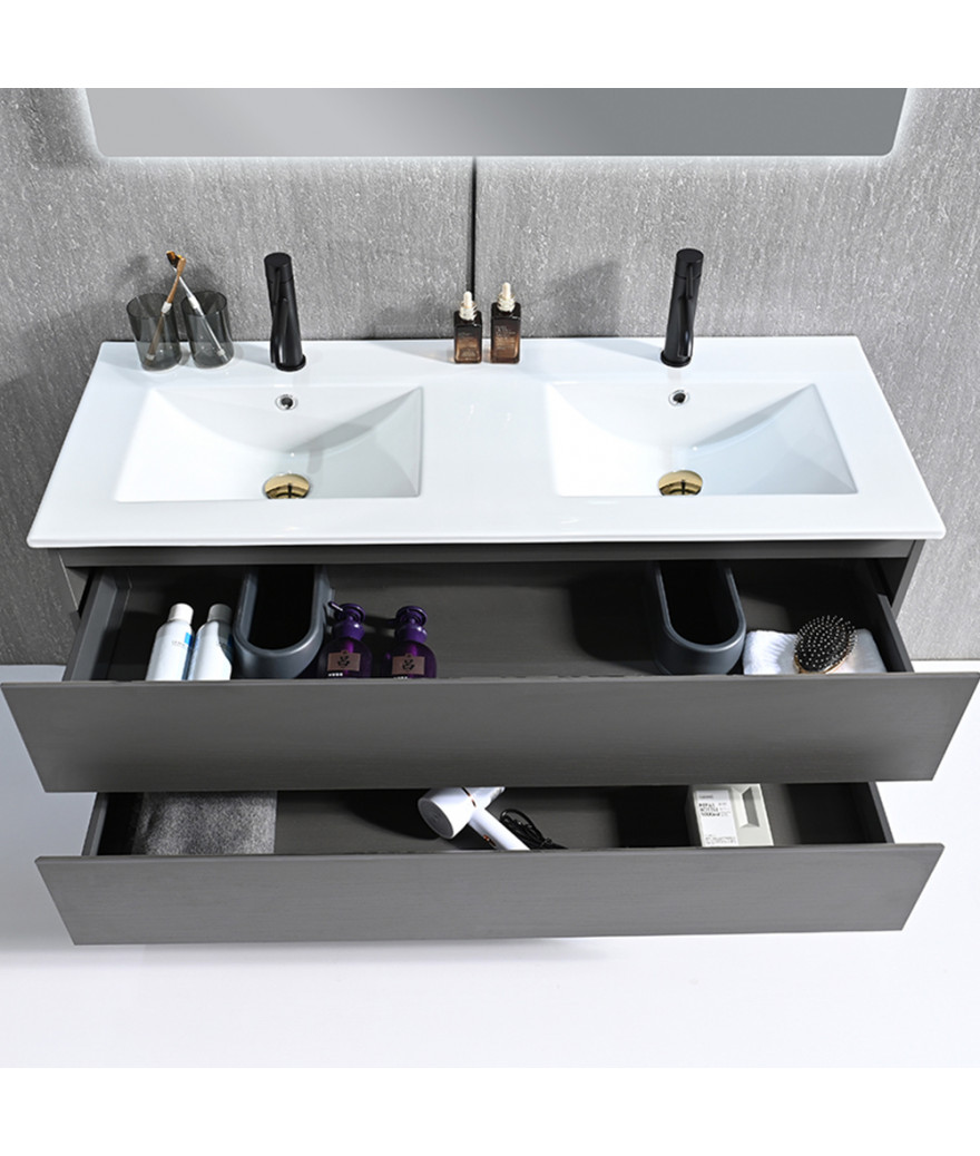 Meuble salle de bain double vasque 120cm gris et miroir LED LB-8331G