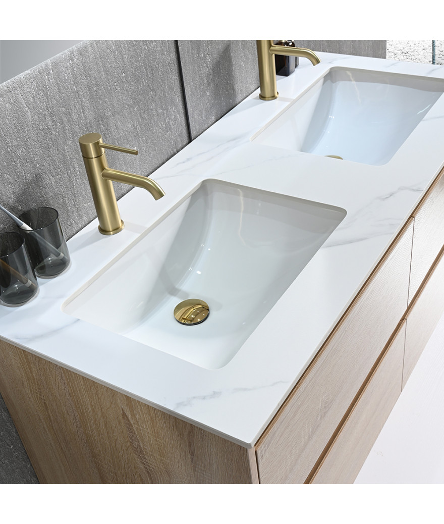 Meuble de salle de bain double vasque blanc effet marbre et bois